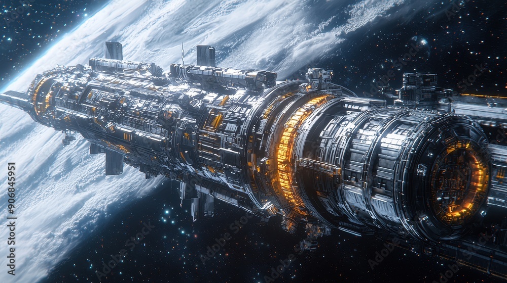 A CGI render of a futuristic spaceship docking at a space station, with ...