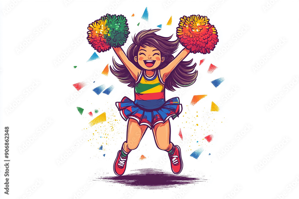 Cartoon cheerleader with pom-poms and Olympic flag design for T shirt ...