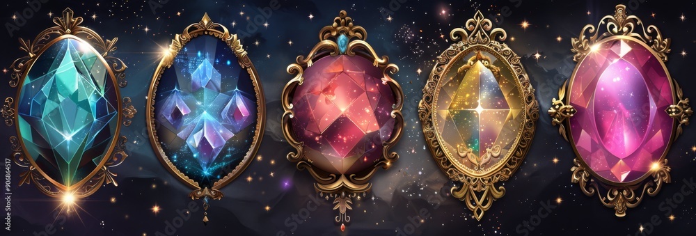 Gemstone Fantasy: A Modern Illustration of Precious Gems Set in Gold ...
