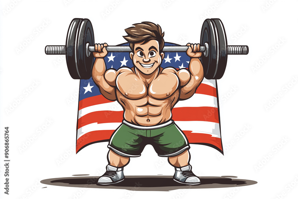 Cartoon weightlifter lifting with USA flag design for T shirt POD print ...