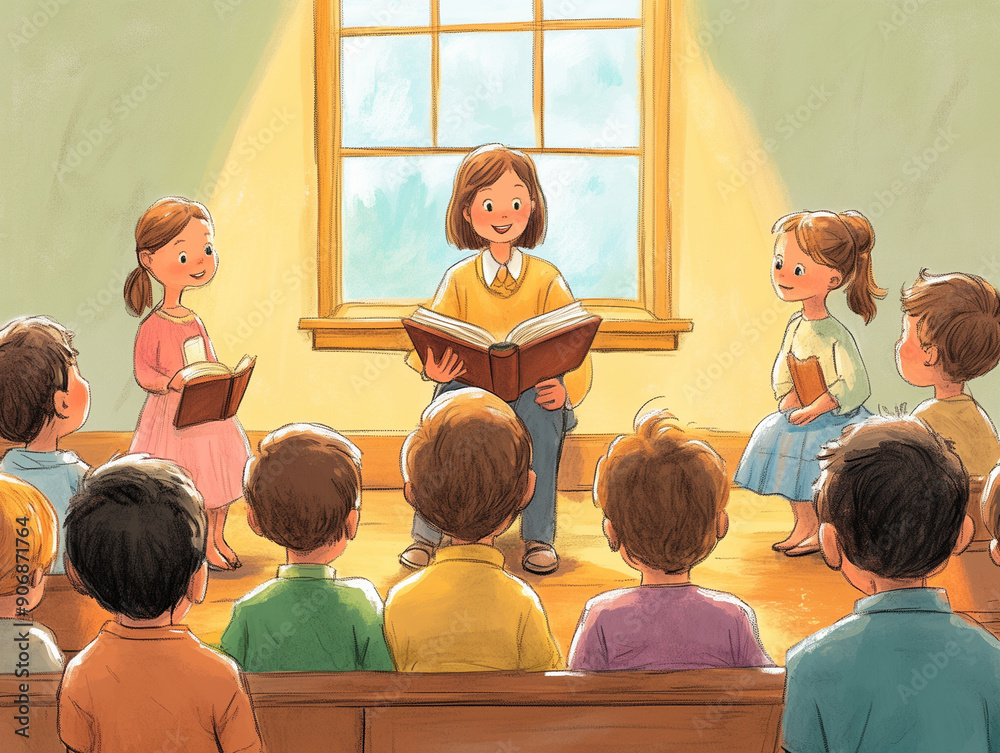 Children gathered around a teacher in a Sunday school setting, eagerly ...