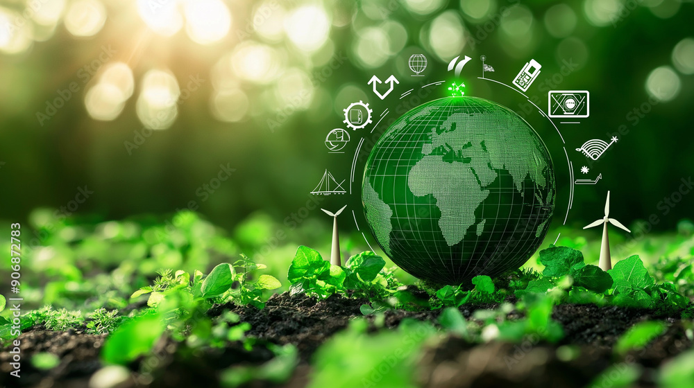 Green earth with icons for environment, social governance, and ...