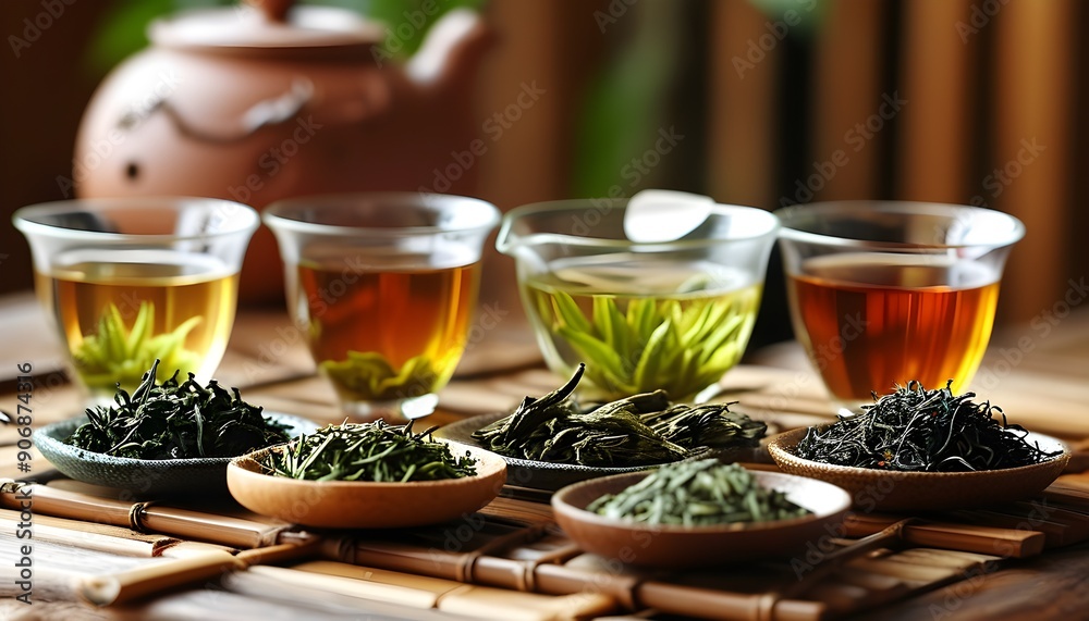 Still life photography of tea sets and various teas shows the rich tea ...