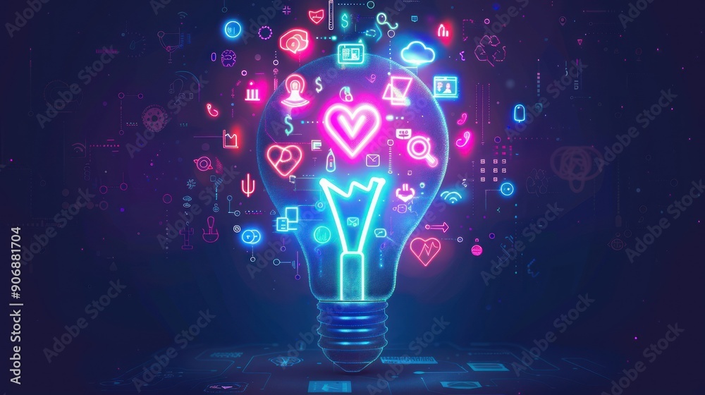 Ai light bulb with various neon icons representing business and ...