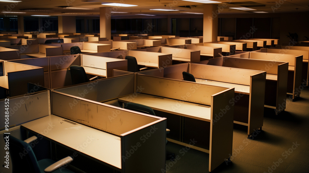 Nighttime in a deserted office space, with empty cubicles and desks ...