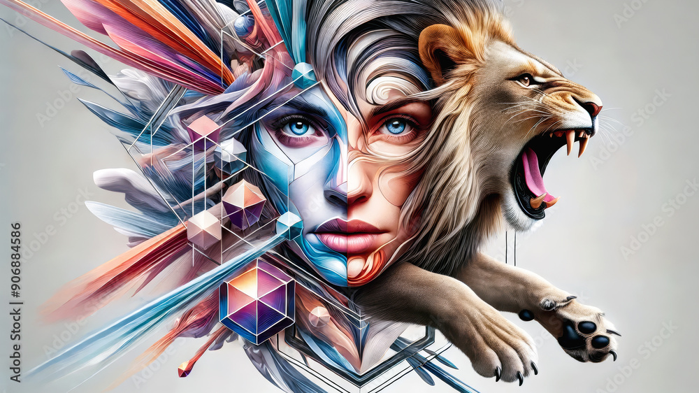 A surreal artwork merging a woman's face with a roaring lion. Geometric ...