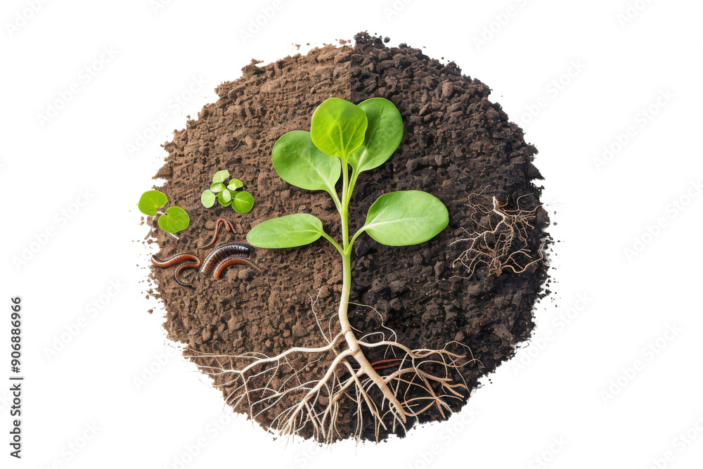Healthy young plant with visible roots and soil structure, showing ...