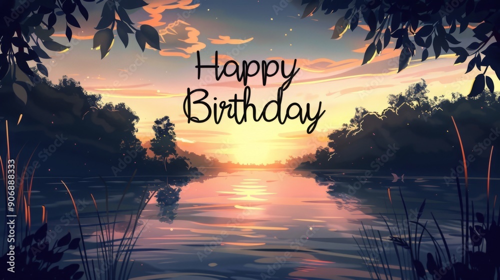 A tranquil sunset casts vibrant colors over a river, while the words ...