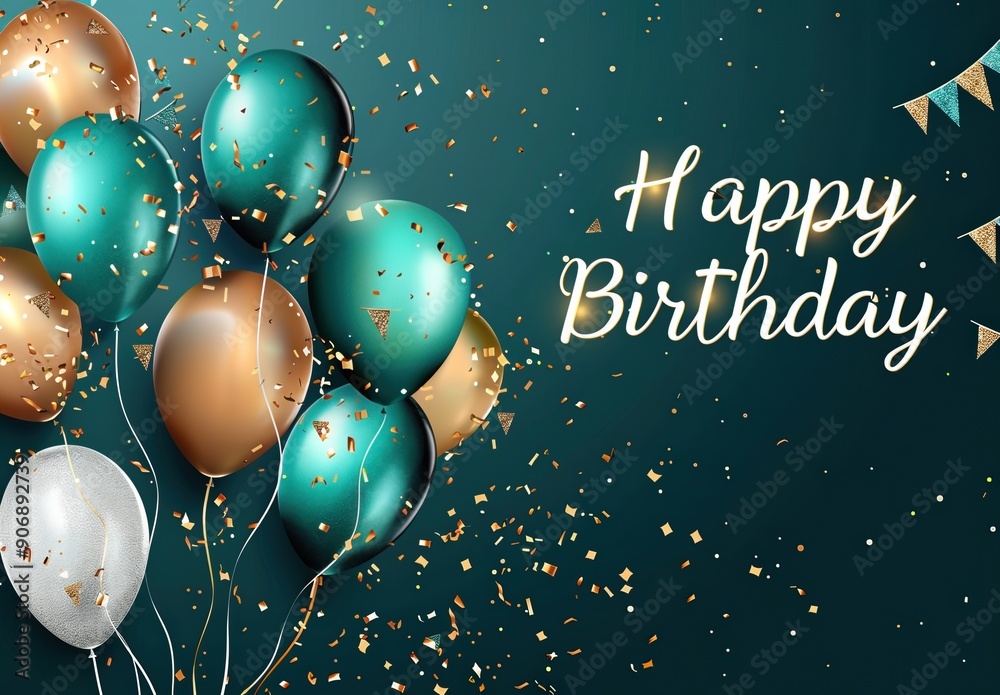 illustration of gold, silver and teal balloons with party flags and ...