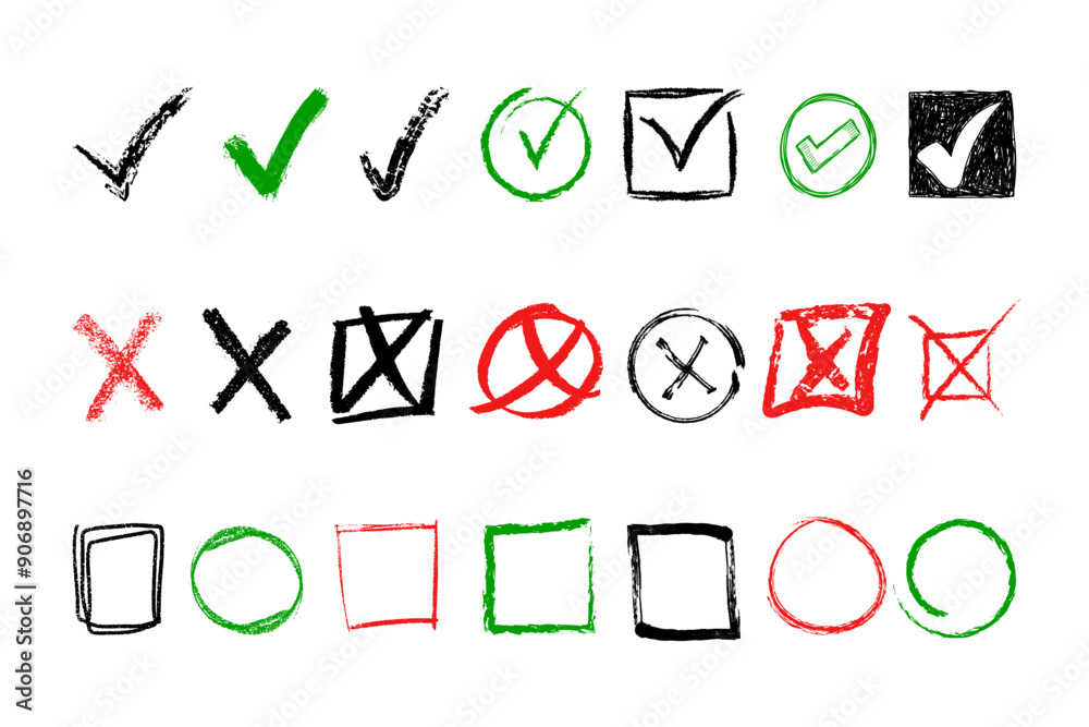 Doodle hand drawn chalk check mark set. Charcoal pencil checklist icons ...