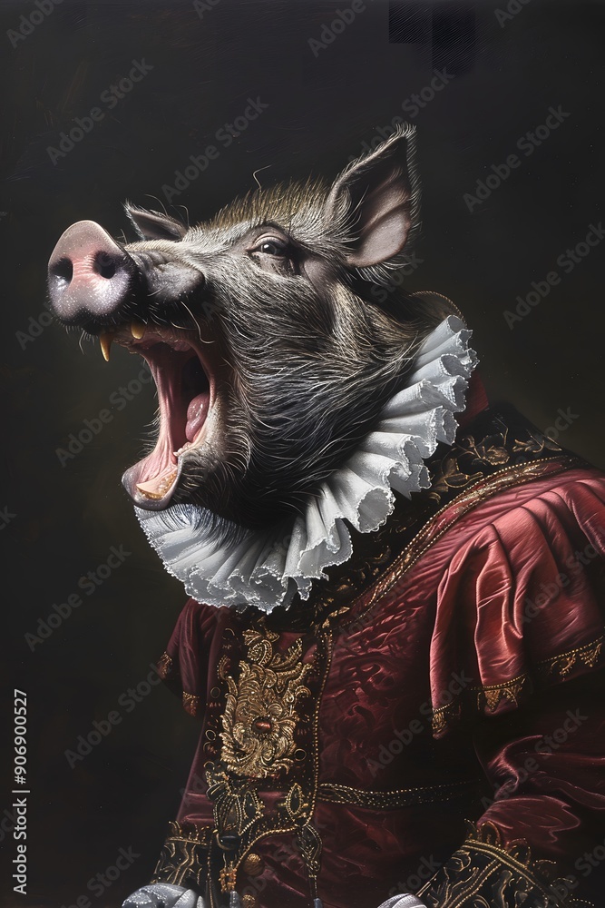A wild boar with a human-like face, wearing a white collar and a red ...