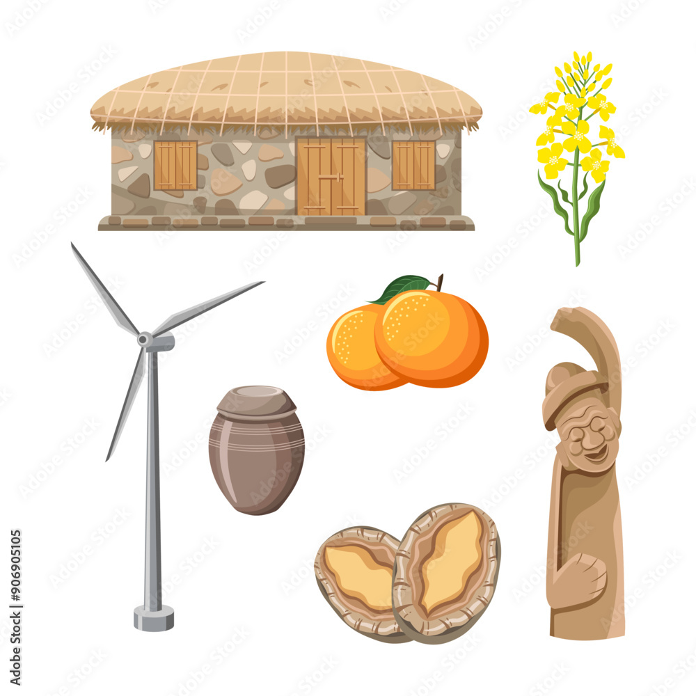 Jeju island landmarks set. Thatched house (jeju farm house), canola ...