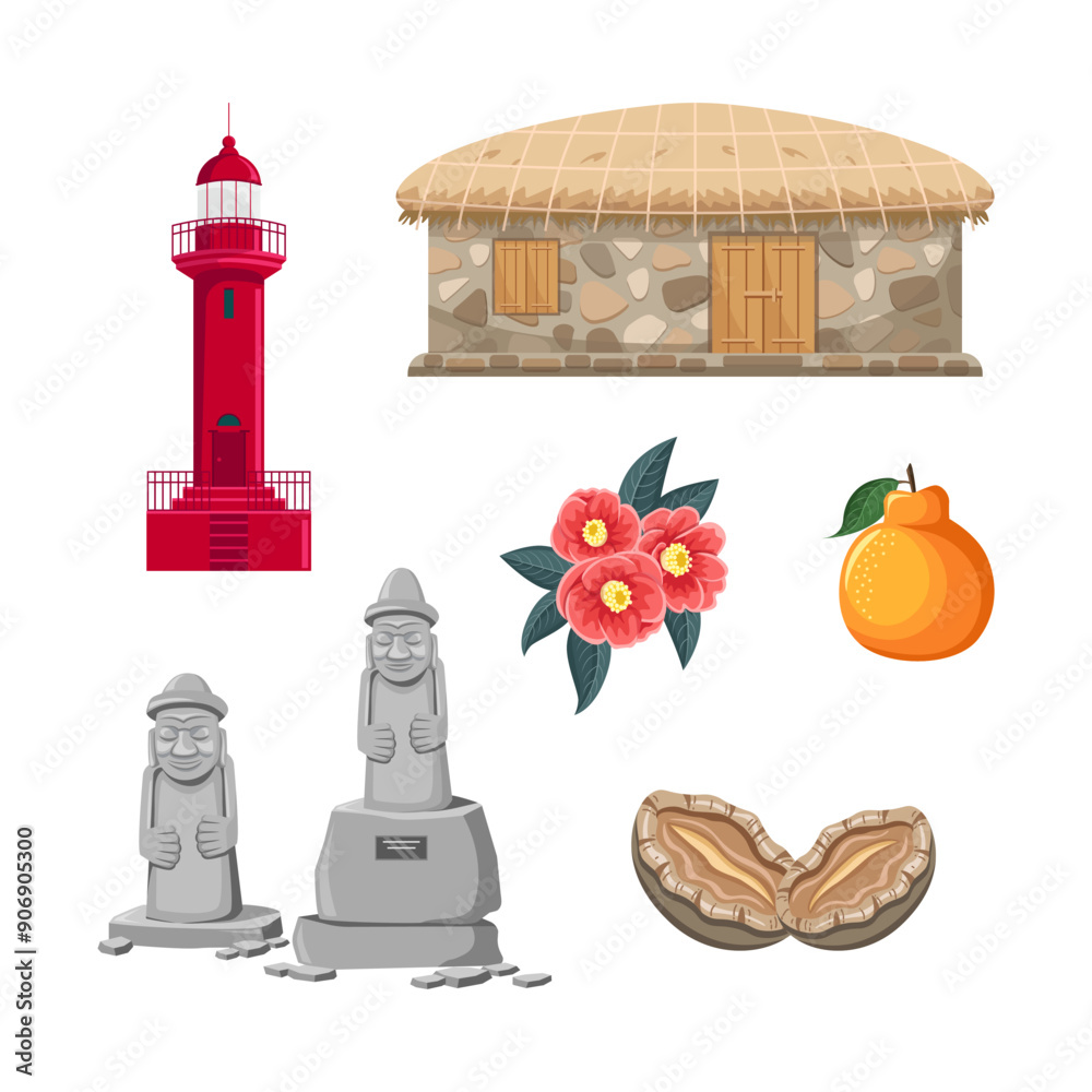 Grafika wektorowa Stock: Jeju island icon set. Lighthouse, thatched ...