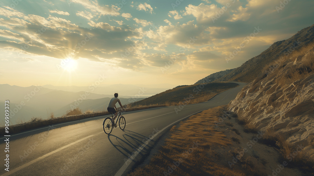 Cinematic Hyper-Realistic Scene of Man Cycling on Mountain Road in Full ...