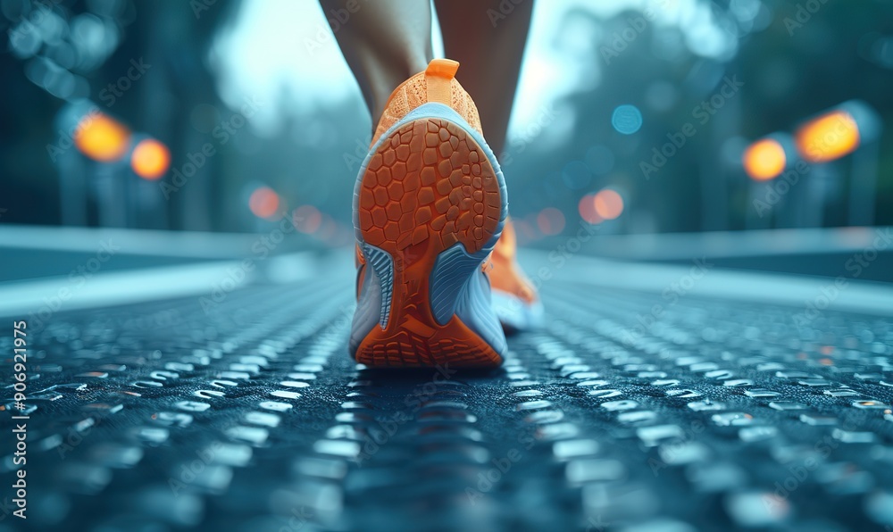 A close-up on the shoe of a track and field runner in sport uniform at ...