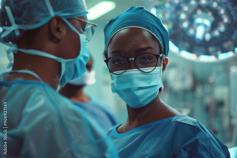 Black female doctor preparing for surgery with help of nurse in ...