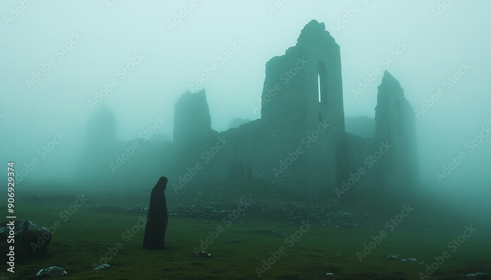 Sinister Figure in Fog at Ancient Crumbling Structure Halloween Horror ...