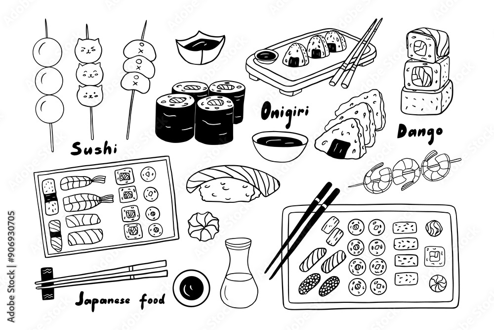 Japanese sushi roll set, ramen, udon, onigiri, fish, salmon, eel ...