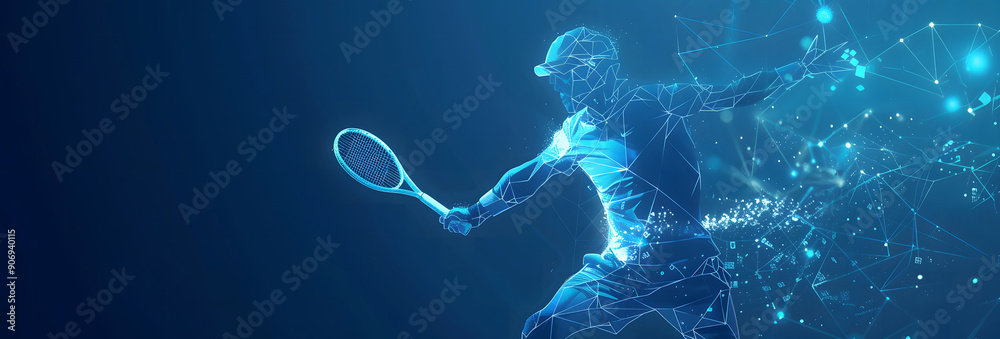 technology in tennis sports, a digital blue low poly tennis player with ...