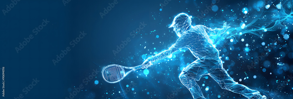 technology in tennis sports, a digital blue low poly tennis player with ...