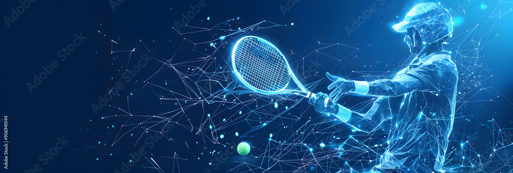 technology in tennis sports, a digital blue low poly tennis player with ...