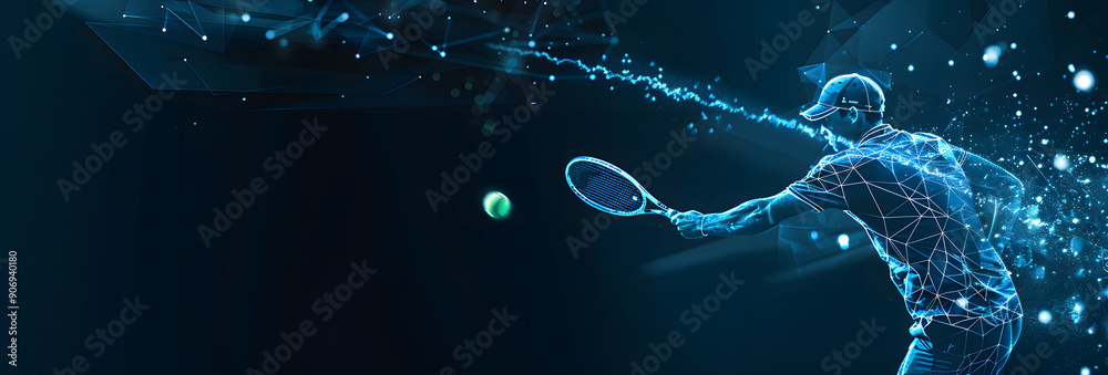 technology in tennis sports, a digital blue low poly tennis player with ...