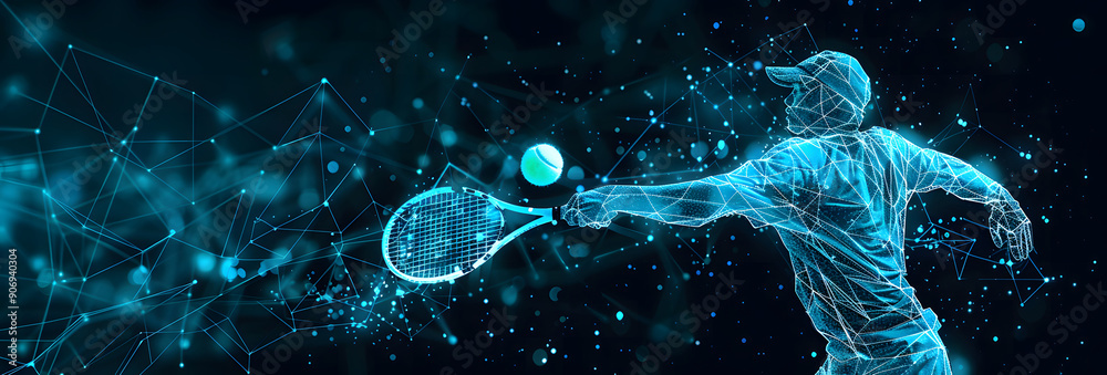 technology in tennis sports, a digital blue low poly tennis player with ...