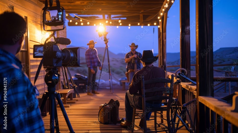 A group of individuals films a western-themed interview at evening ...