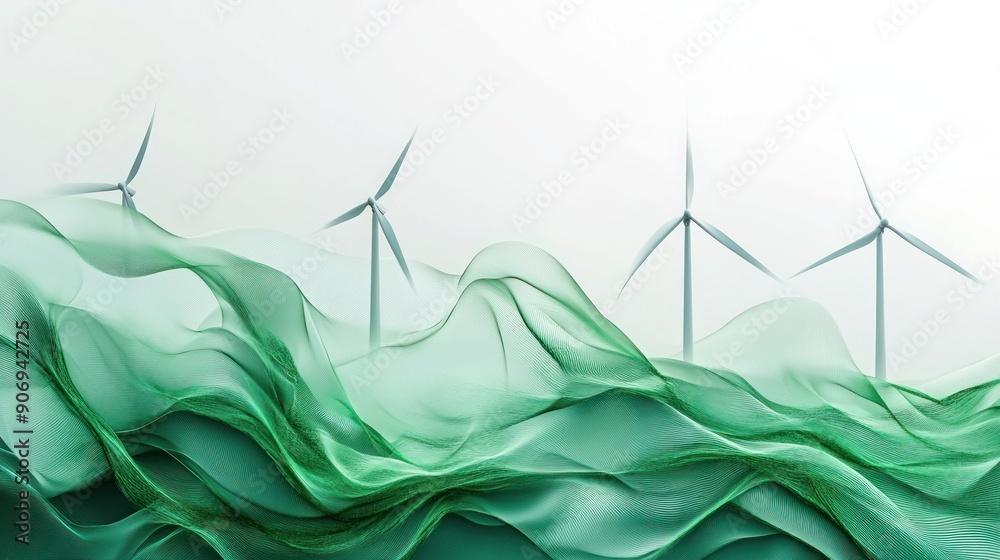 Background with wind turbines and abstract green waves representing ...
