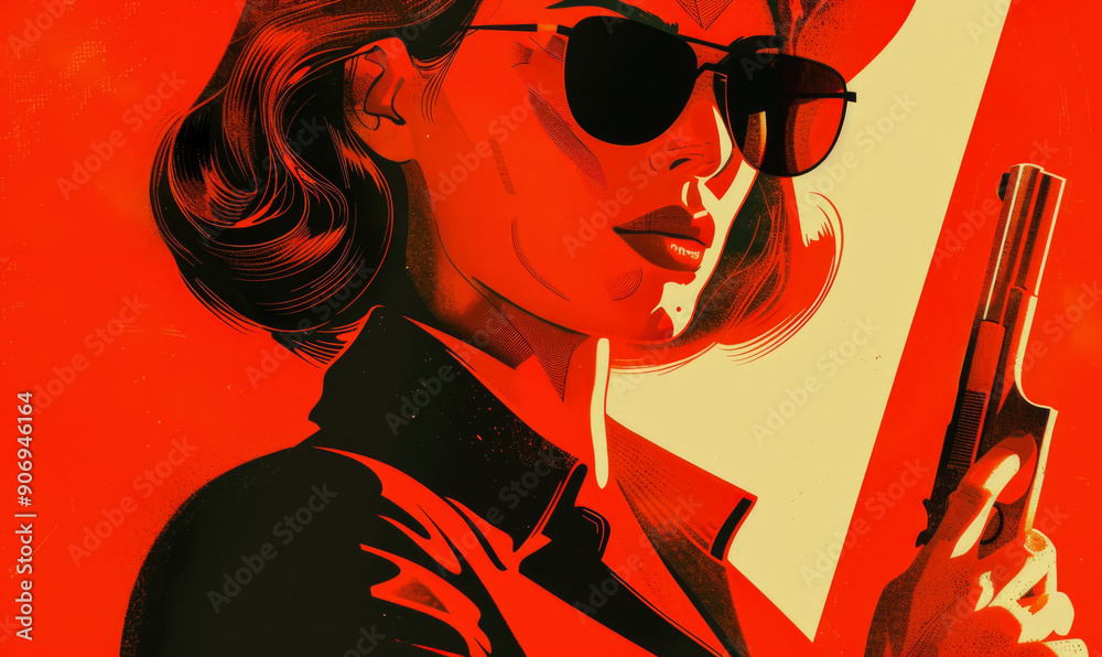 Secret agent woman spy with gun ppistol. depicted in orange and red ...