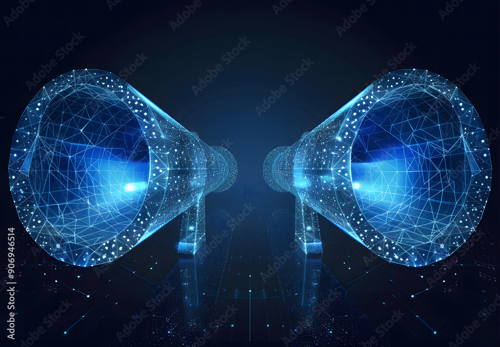 Digital blue binoculars with data streams, AI in visual recognition ...