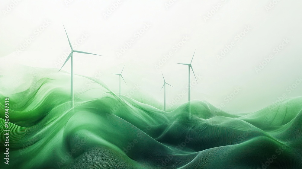 Background with wind turbines and abstract green waves representing ...