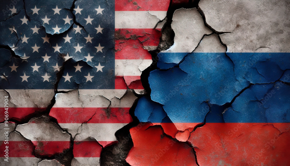 Flags of USA and Russia on cracked surface. The juxtaposed flags of the ...
