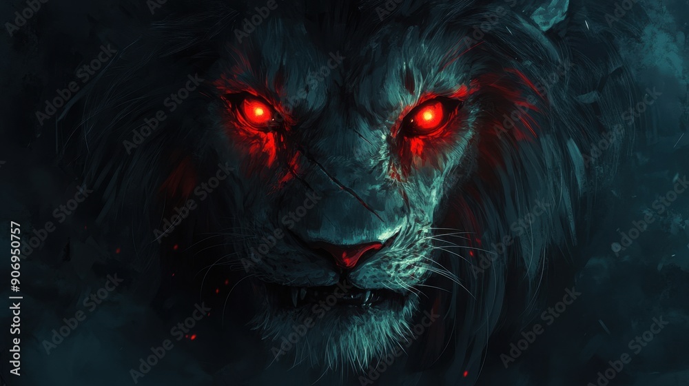 Illustrate a terrifying lion with large red eyes on a dark background ...