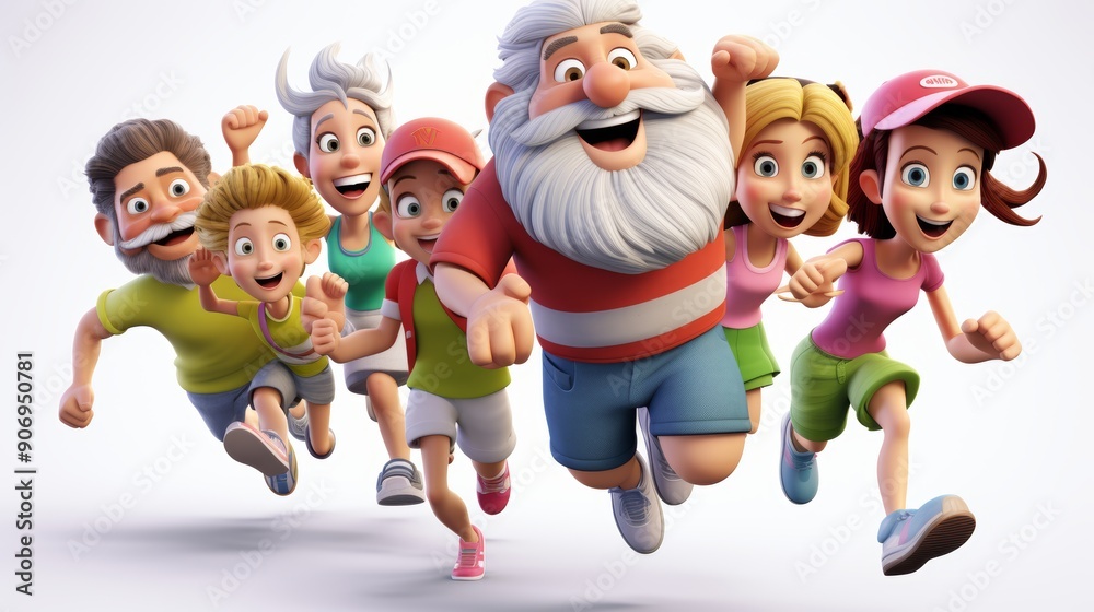 3d cartoon family running, parents, children, grandparents, son ...