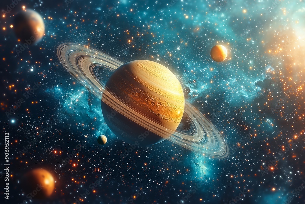 A stunning depiction of Saturn surrounded by a vibrant starry backdrop ...