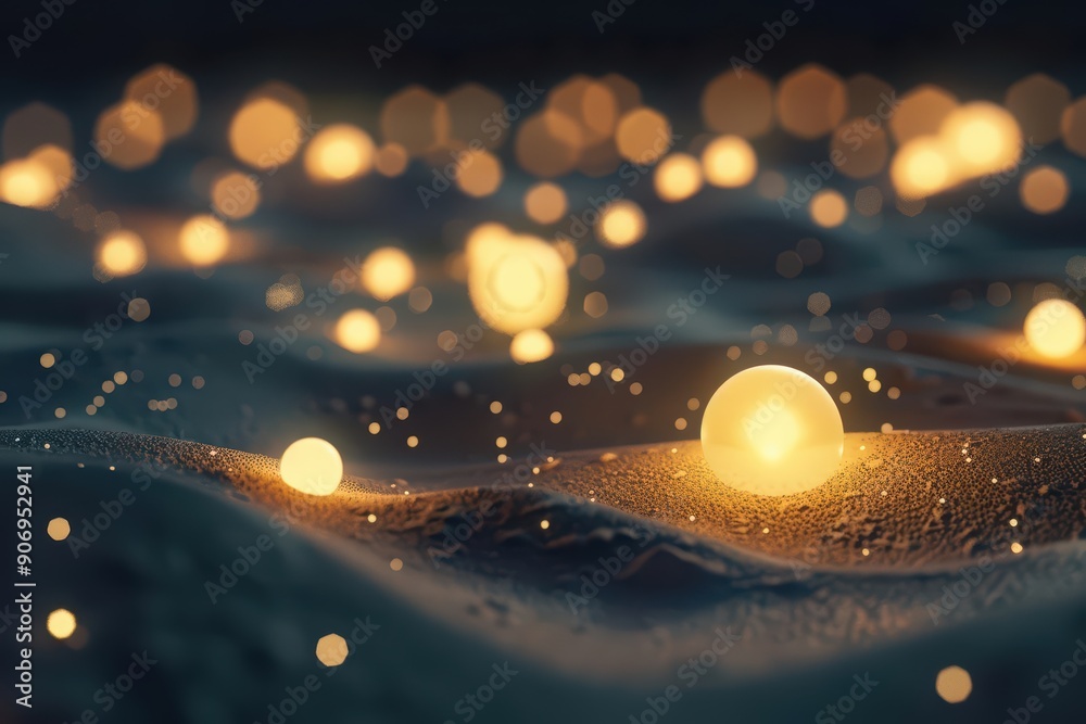 An enchanted beach scene with floating orbs of light illuminating the ...