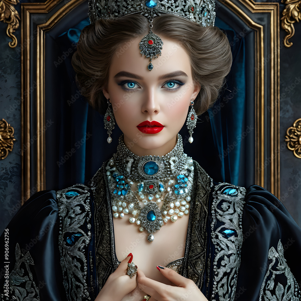 The portrait depicts a regal woman with striking blue eyes and red lips ...