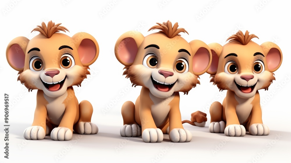Collection of cute 3d cartoon lion characters isolated on white ...