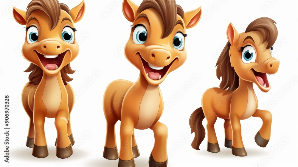 3d cute cartoon horses set isolated on white background in high quality ...
