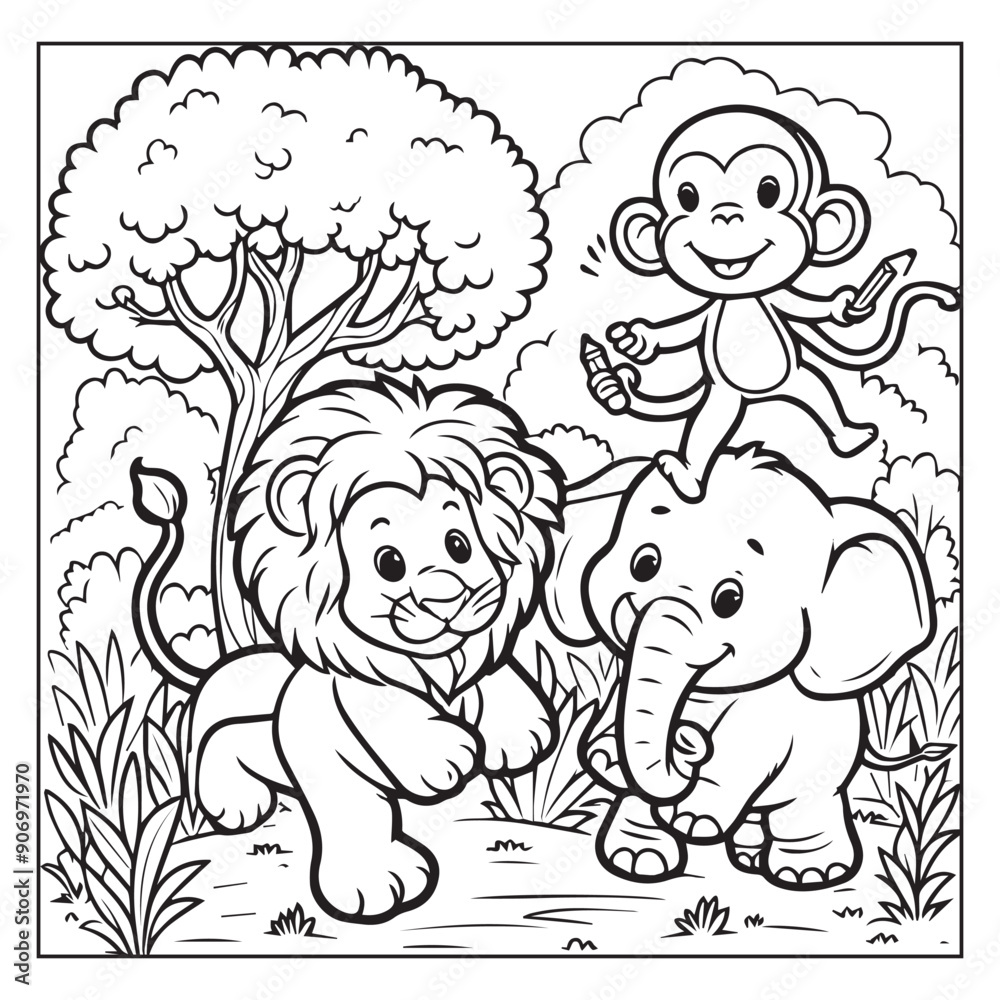 Elephant and lion having fun in jungle, coloring page for kids, kids ...