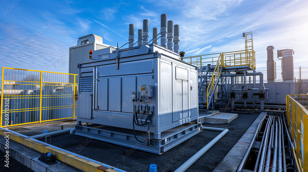 The high-voltage transformer installed in the power station shows ...