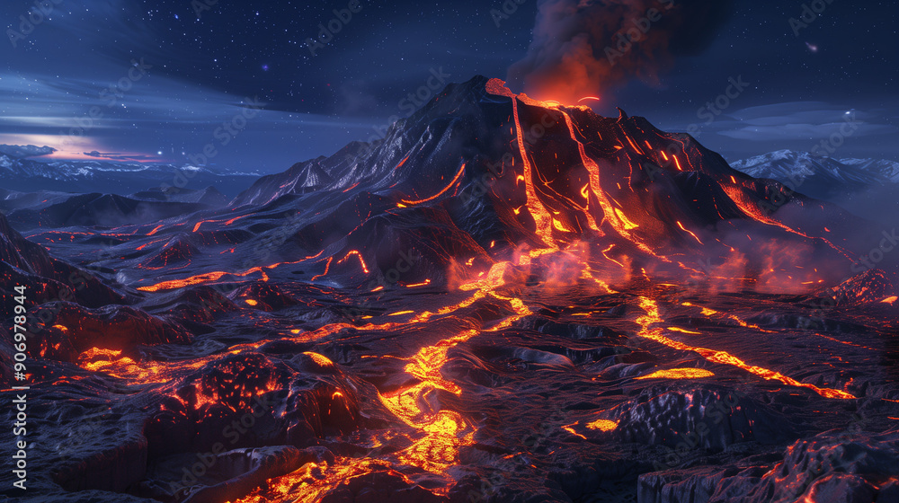 The volcano spews out streams of lava, and the burning magma ...