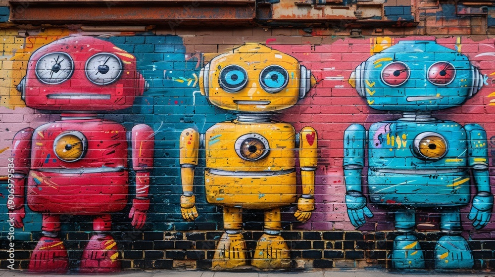Colorful graffiti of three robots on a brick wall, showcasing urban ...