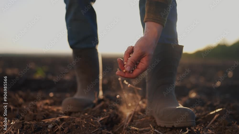 Agriculture. Hand planting a grain of soybeans. Farm man crop concept ...