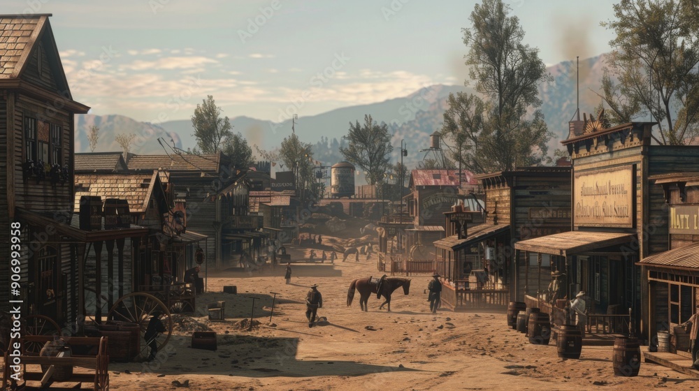 Dusty street in an Old West town filled with wooden buildings, cowboys ...