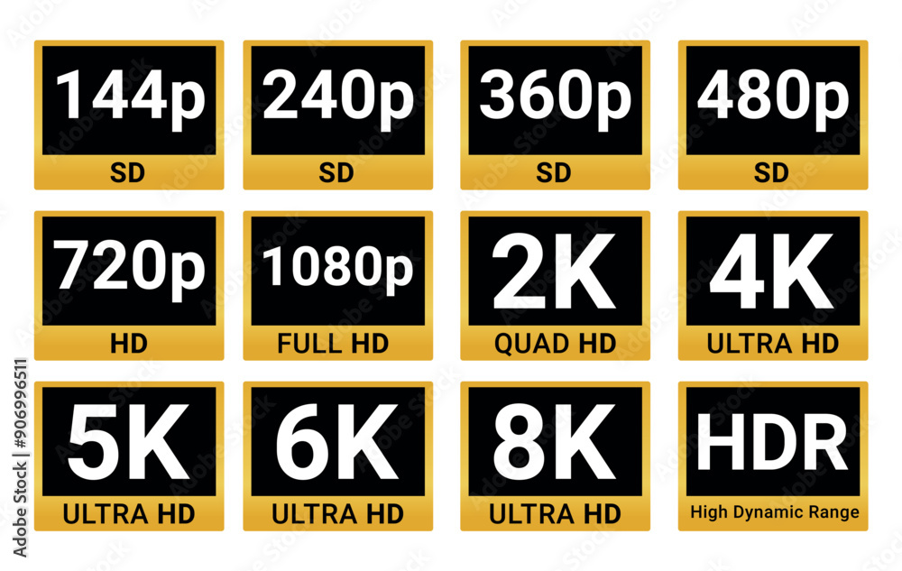 Set of Golden Video Resolution Labels: 360p, 720p, 1080p, 2K, 4K, 6K ...