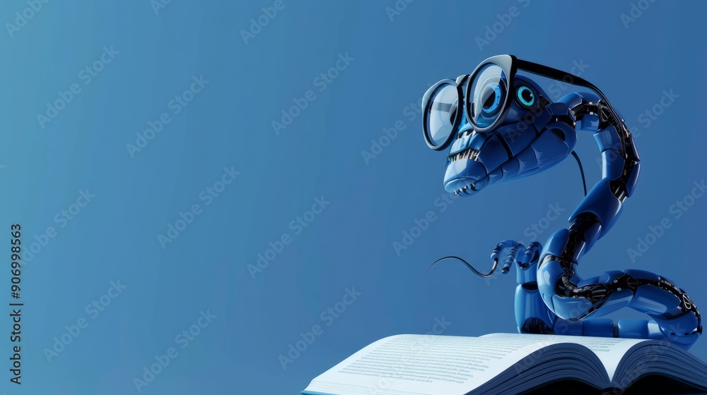 Futuristic snake-like robot with glasses, holding an open book in a ...