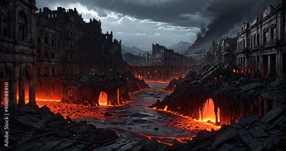 hellscape city buildings burning in inferno molten lava magma. vision of hell with hellmouth on ...