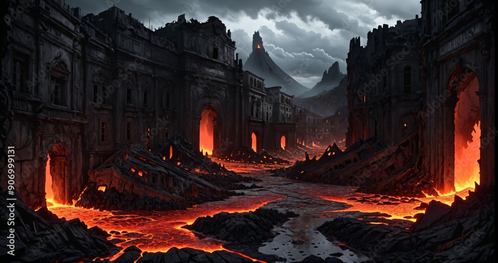 hellscape city buildings burning in inferno molten lava magma. vision ...